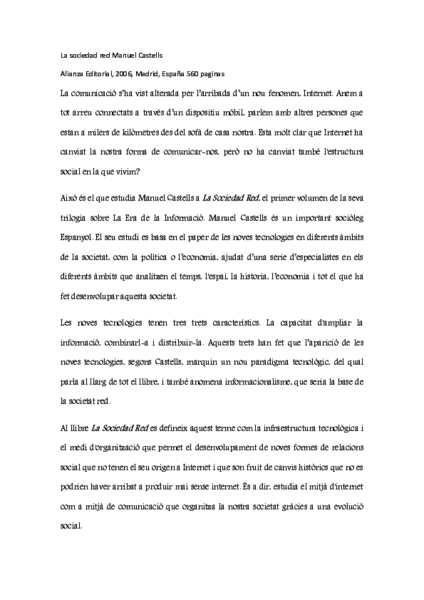 (DOC) La sociedad red Manuel Castells Alianza Editorial