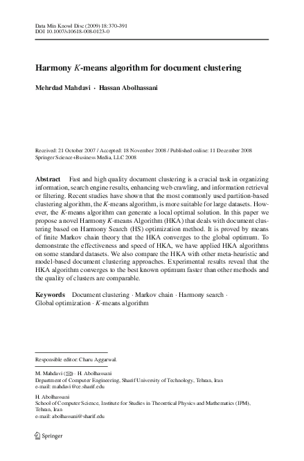 (PDF) Harmony K-Means Algorithm for Document Clustering