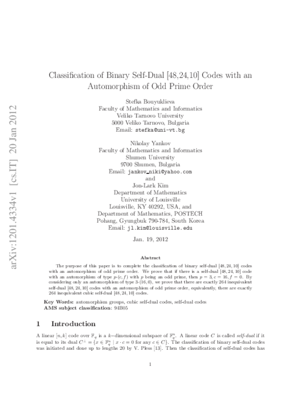 (PDF) Classification of Binary Self-Dual [48, 24, 10] Codes with an Automorphism of Odd Prime Order