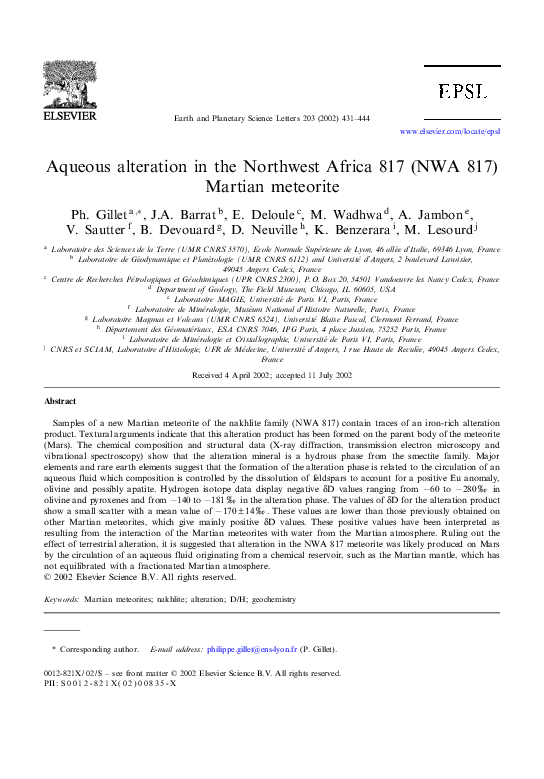 (PDF) Aqueous alteration in the Northwest Africa 817 (NWA 817) Martian ...