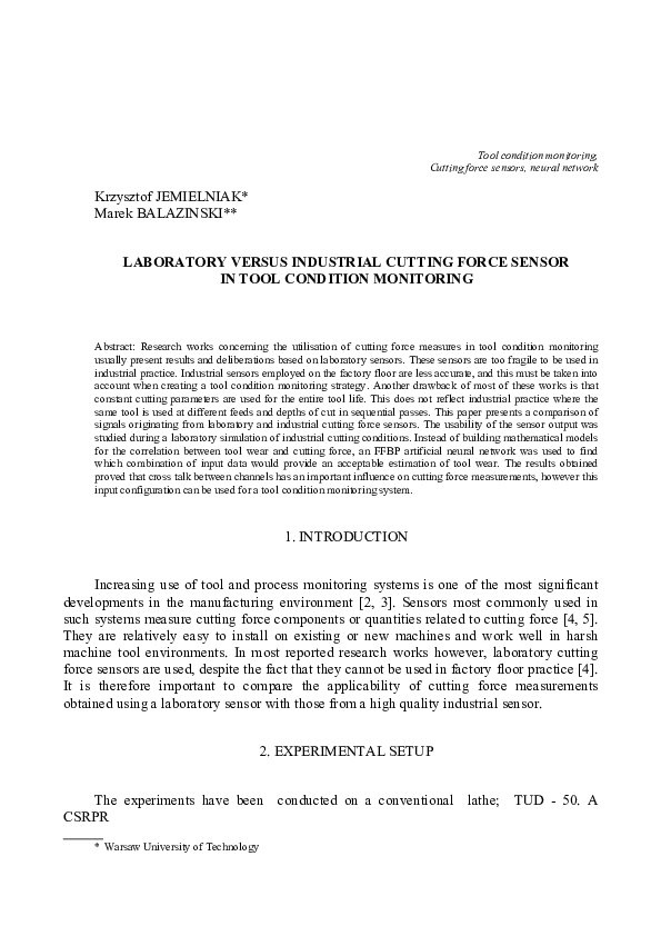 (PDF) Laboratory Versus Industrial Cutting Force Sensor in Tool Condition Monitoring
