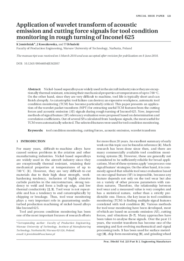 (PDF) Application of wavelet transform of acoustic emission and cutting force signals for tool ...