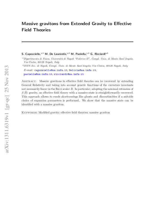 (PDF) Massive gravitons from Extended Gravity to Effective Field Theories