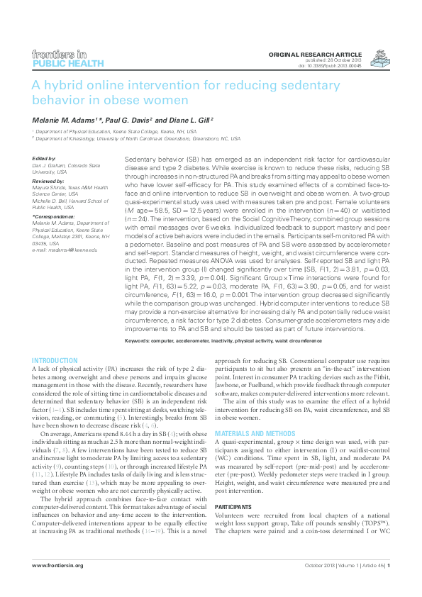 (PDF) A Hybrid Online Intervention for Reducing Sedentary Behavior in Obese Women