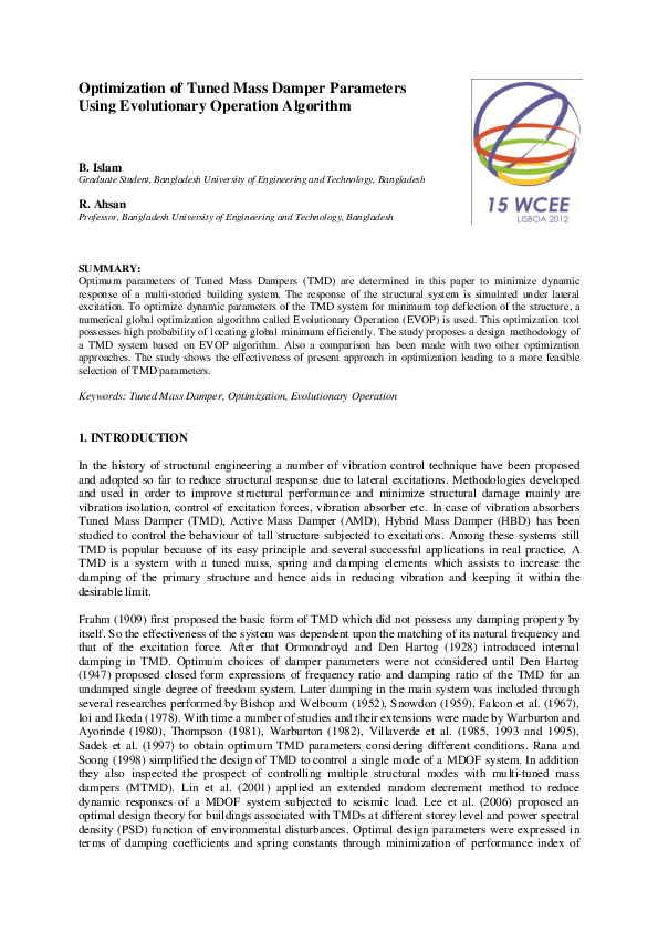 Pdf Optimization Of Tuned Mass Damper Parameters Using Evolutionary Operation Algorithm