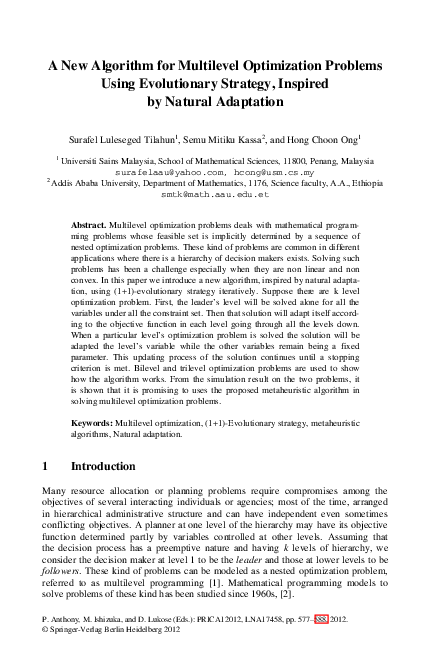 Pdf A New Algorithm For Multilevel Optimization Problems Using Evolutionary Strategy Inspired