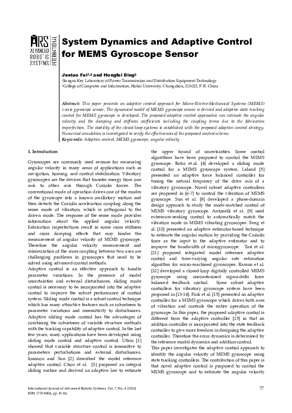 Pdf System Dynamics And Adaptive Control For Mems Gyroscope Sensor