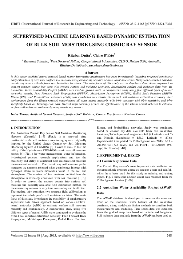 (PDF) SUPERVISED MACHINE LEARNING BASED DYNAMIC ESTIMATION OF BULK SOIL MOISTURE USING COSMIC ...
