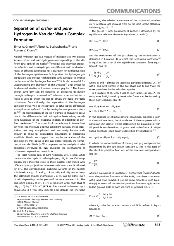 (PDF) Separation of Ortho-and Para-Hydrogen In Van Der Waals Complex ...