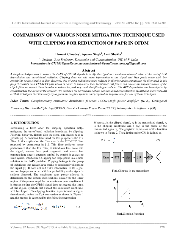 Pdf Comparison Of Various Noise Mitigation Technique Used With Clipping For Reduction Of Papr
