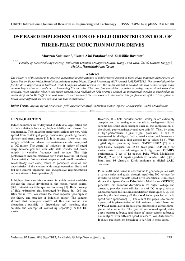 Pdf Dsp Based Implementation Of Field Oriented Control Of Three Phase