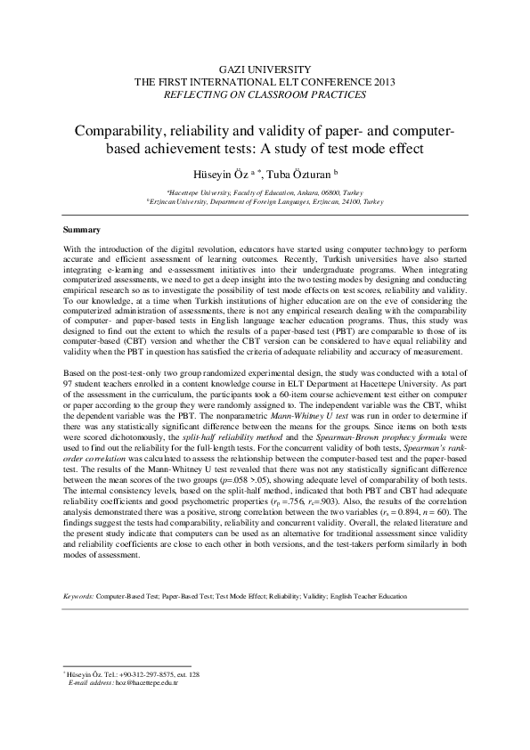 Pdf Comparability Reliability And Validity Of Paper And Computer Based Achievement Tests A