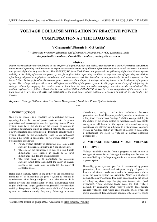 (PDF) VOLTAGE COLLAPSE MITIGATION BY REACTIVE POWER COMPENSATION AT THE ...