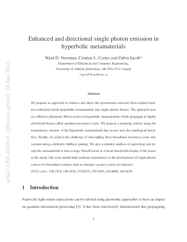 (PDF) Enhanced and directional single photon emission in hyperbolic metamaterials