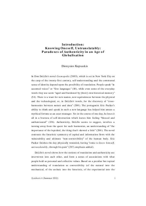 (PDF) Knowing Oneself, Untranslatably: Paradoxes of Authenticity in an ...