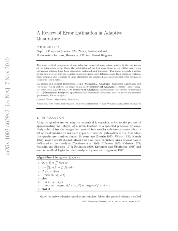Pdf A Review Of Error Estimation In Adaptive Quadrature