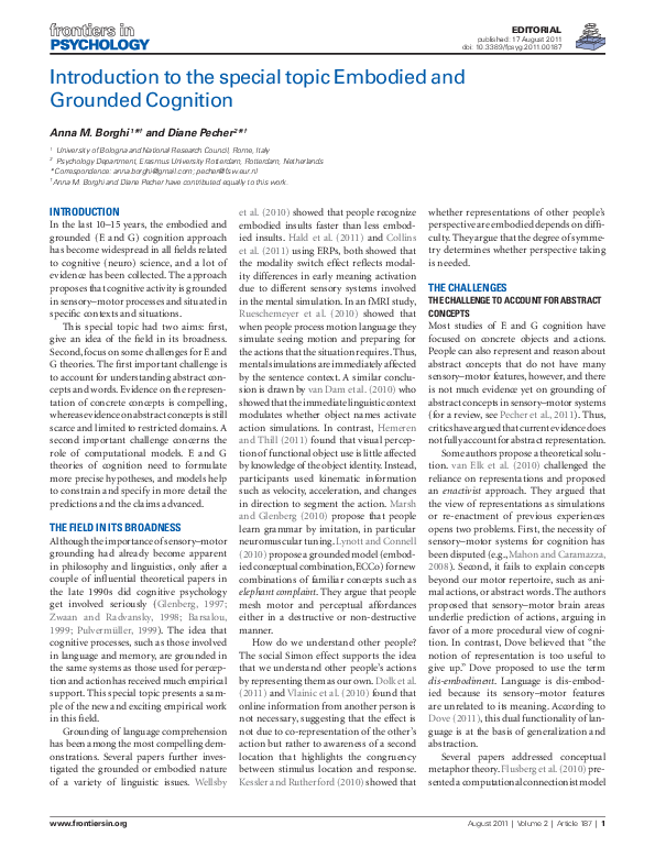 Pdf Introduction To The Special Topic Embodied And Grounded Cognition