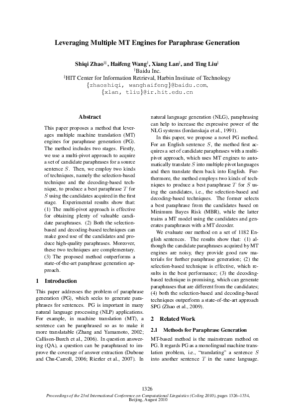 (PDF) Leveraging Multiple MT Engines for Paraphrase Generation