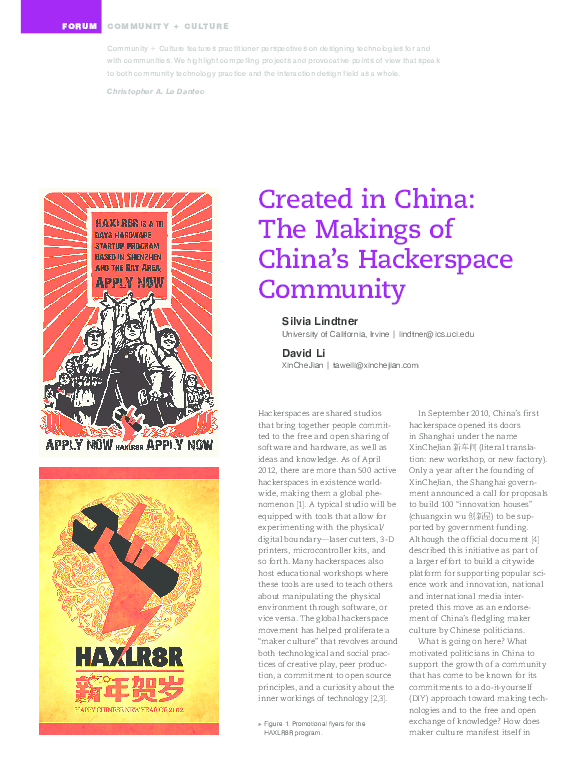 (PDF) Created in China: The Makings of China's Hackerspace Community