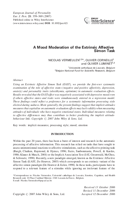 (PDF) A Mood Moderation of the Extrinsic Affective Simon Task