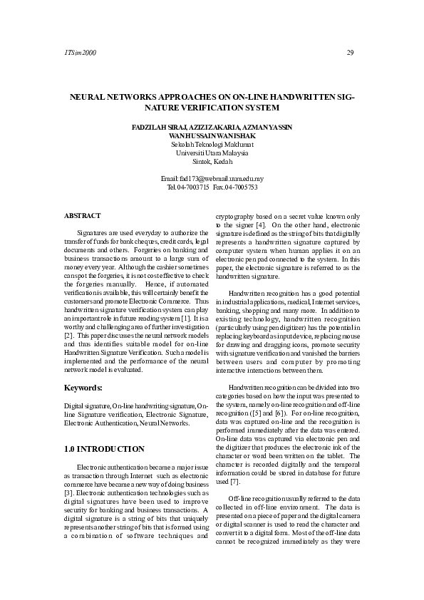 Pdf Neural Networks Approch On On Line Handwritten Signature Verification System