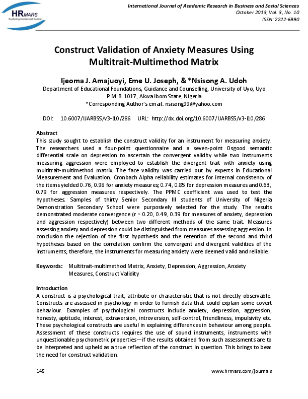 (PDF) Construct Validation of Anxiety Measures Using Multitrait-Multimethod Matrix