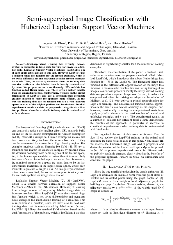 (PDF) Semi-supervised Image Classification with Huberized Laplacian Support Vector Machines