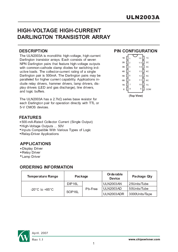 (PDF) HIGH-VOLTAGE HIGH-CURRENT DARLINGTON TRANSISTOR ARRAY PIN ...