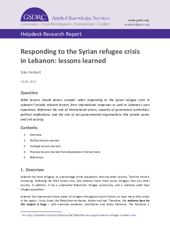 (PDF) Responding to the Syrian refugee crisis in Lebanon – lessons learned