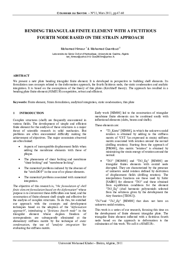 Pdf Bending Triangular Finite Element With A Fictitious Fourth Node