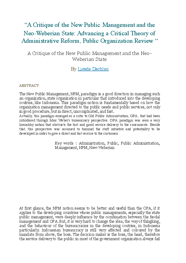 (PDF) “A Critique of the New Public Management and the Neo-Weberian ...