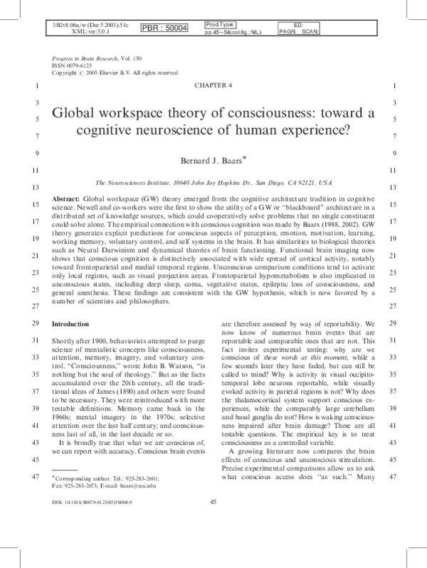 (PDF) Global Workspace Theory of Consciousness: Toward a Cognitive Neuroscience of Human Experience