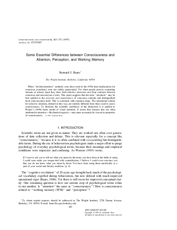 (PDF) Some Essential Differences Between Consciousness and Attention, Perception, and Working ...