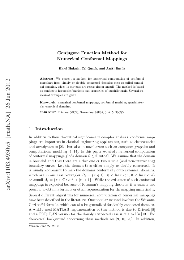 Pdf Conjugate Function Method For Numerical Conformal Mappings
