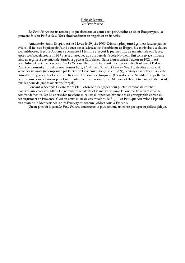 Fiche de lecture : Le Petit Prince
