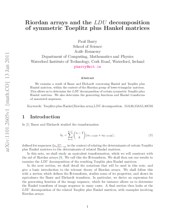 (PDF) Riordan arrays and the LDU decomposition of symmetric Toeplitz plus Hankel matrices