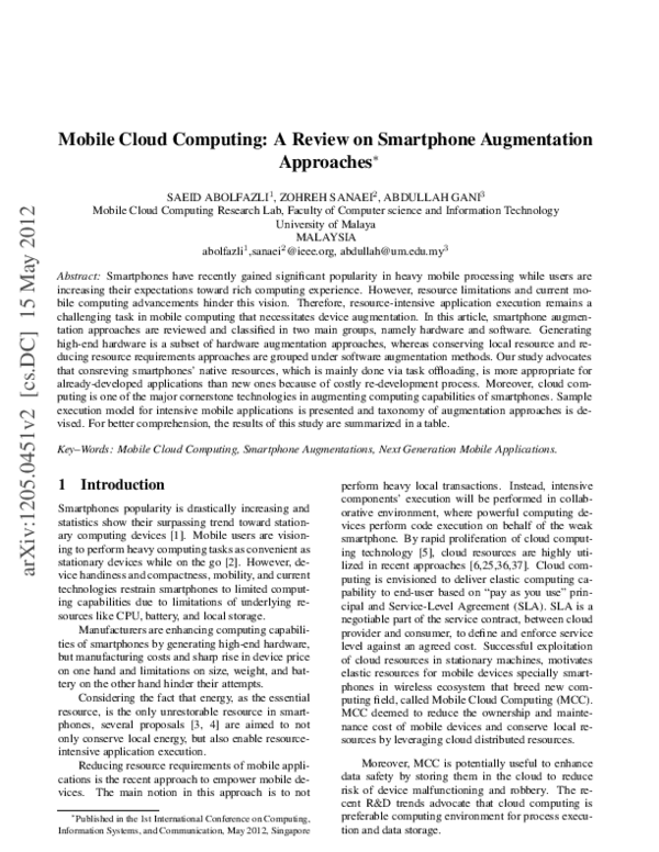 Pdf Mobile Cloud Computing A Review On Smartphone Augmentation Approaches