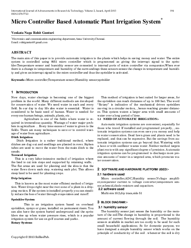 (PDF) Micro Controller Based Automatic Plant Irrigation System