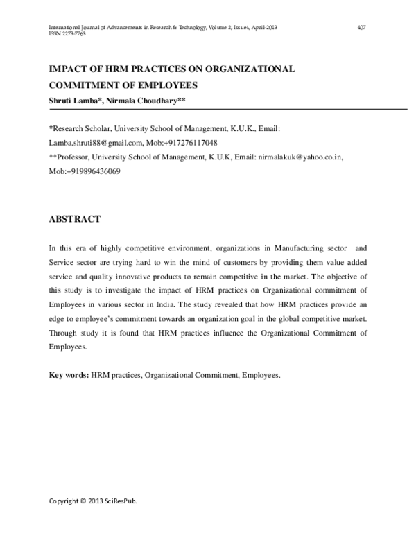 (PDF) IMPACT OF HRM PRACTICES ON ORGANIZATIONAL COMMITMENT OF EMPLOYEES