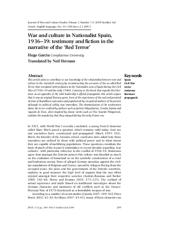 (PDF) "War and culture in Nationalist Spain, 1936–39: testimony and ...