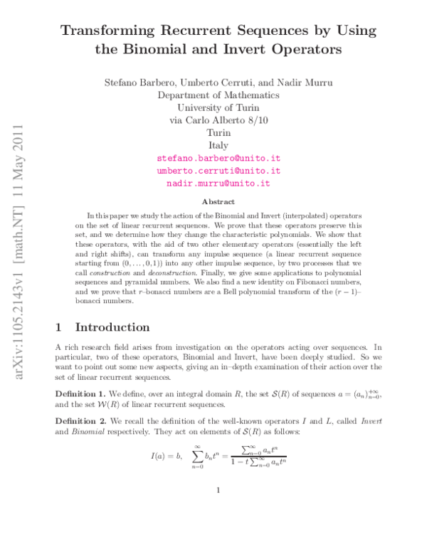 (PDF) Transforming Recurrent Sequences by Using the Binomial and Invert Operators