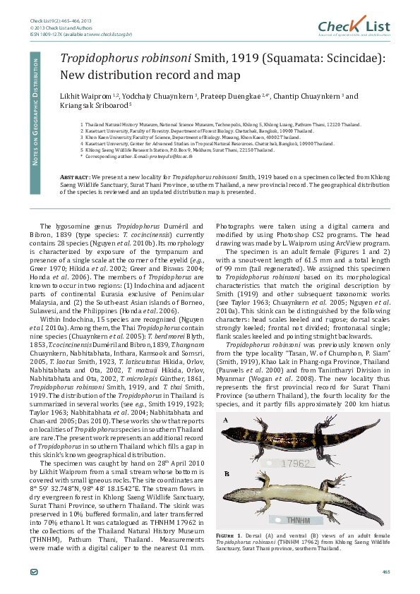 (PDF) Tropidophorus robinsoni Smith, 1919 (Squamata: Scincidae): New ...