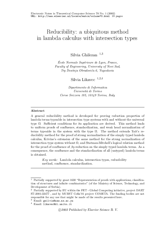 (PDF) Reducibility: A Ubiquitous Method in Lambda Calculus with Intersection Types