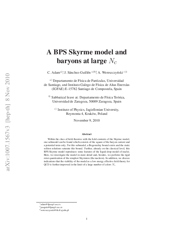 (PDF) A BPS Skyrme model and baryons at large Nc