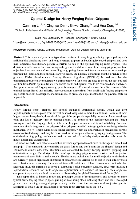 (PDF) Optimal Design for Heavy Forging Robot Grippers