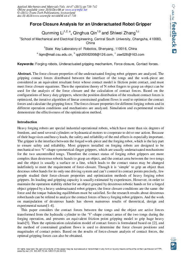 (PDF) Force Closure Analysis for an Underactuated Robot Gripper