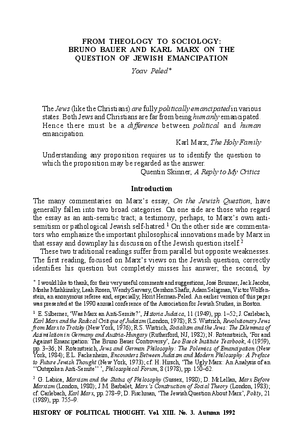 (PDF) From Theology to Sociology: Bruno Bauer and Karl Marx on the ...