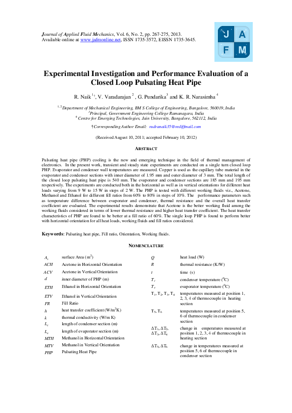 Pdf Experimental Investigation And Performance Evaluation Of A Closed Loop Pulsating Heat Pipe