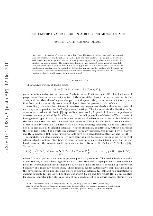 (PDF) Systems of dyadic cubes in a doubling metric space
