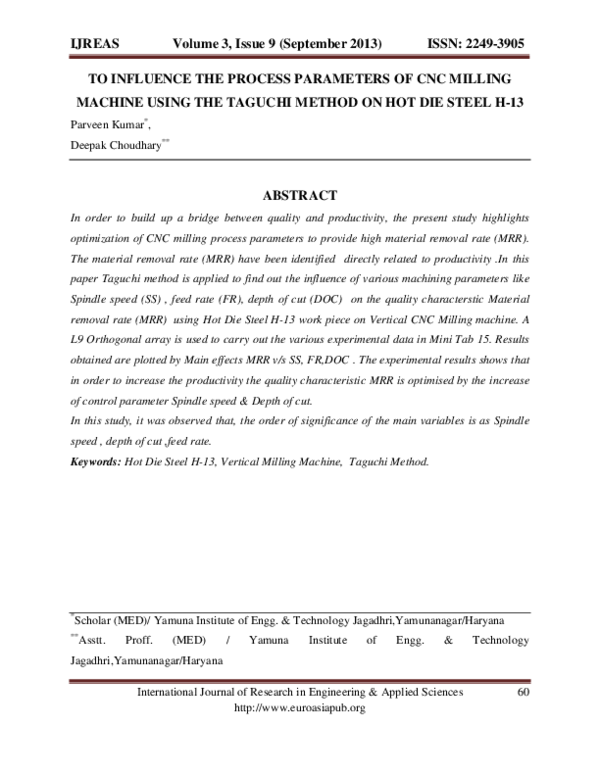 Pdf To Influence The Process Parameters Of Cnc Milling Machine Using The Taguchi Method On Hot